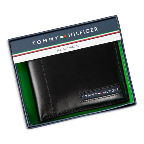 Tommy Hilfiger Men's Leather Wallet - Thin Sleek Casual Bifold with 6 Credit Card Pockets and Removable ID Window, Black Cambridge