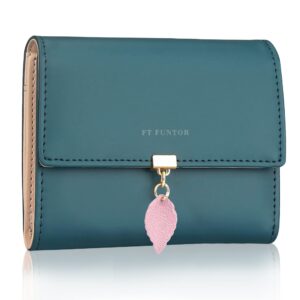 ft funtor rfid wallets for women, leaf card holder trifold ladies wallets coins zipper pocket with id window small teal blue