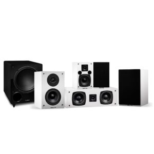 fluance elite high definition compact surround sound home theater 5.1 channel speaker system including 2-way bookshelf, center channel, rear surrounds and db10 subwoofer - white (sx51whc)