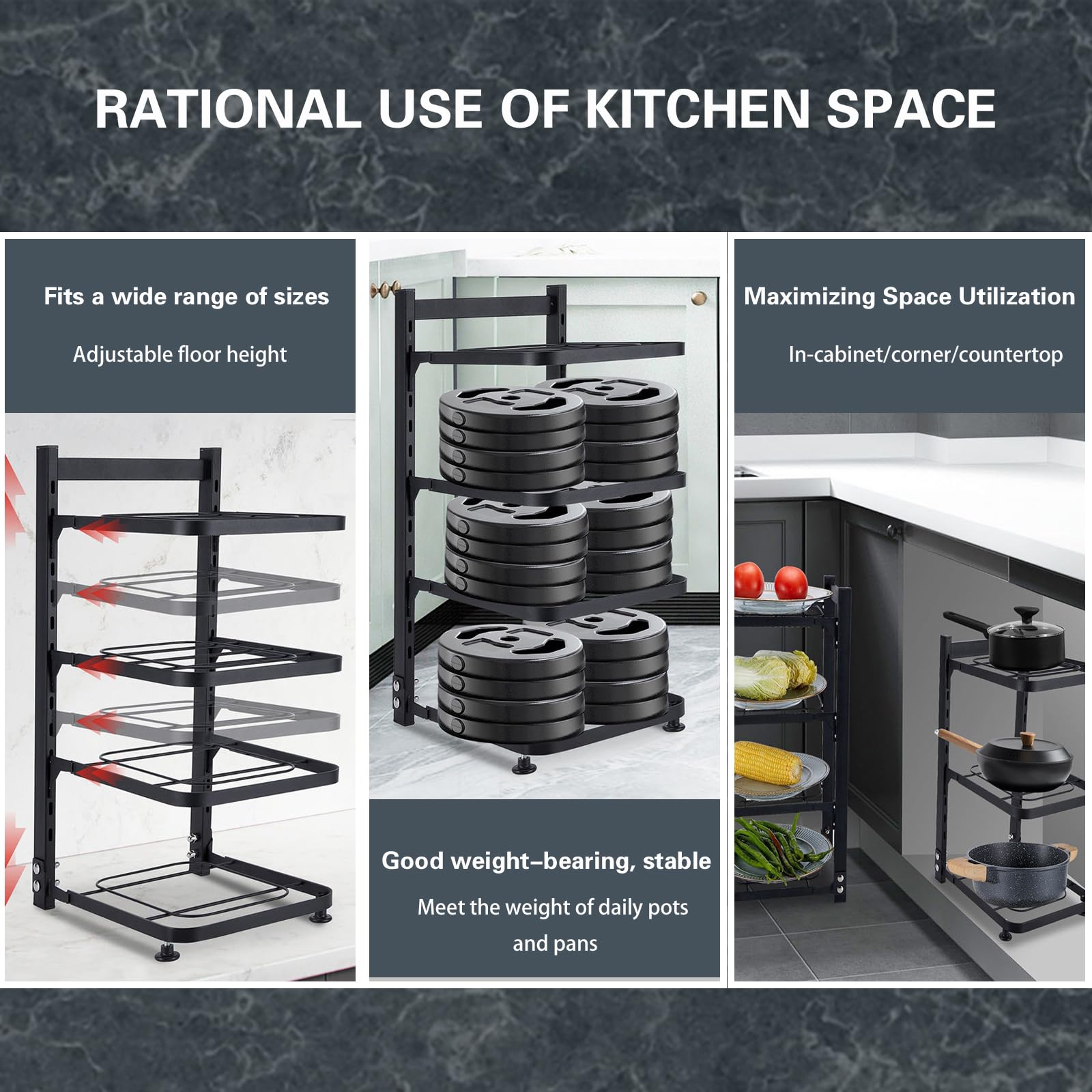 Pots and Pans Organizer: Cabinet Rack, 3-Tier Kitchen Cabinet Organizer & Storage, Adjustable Pot Rack, Under-Cabinet Pot Organizer