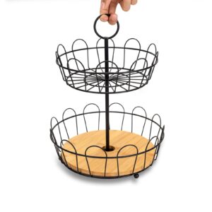 2-tier farmhouse fruit basket stand, wire fruit vegetables countertop storage rack, multifunctional detachable bread snack holder bowl for kitchen and bathroom organization - black