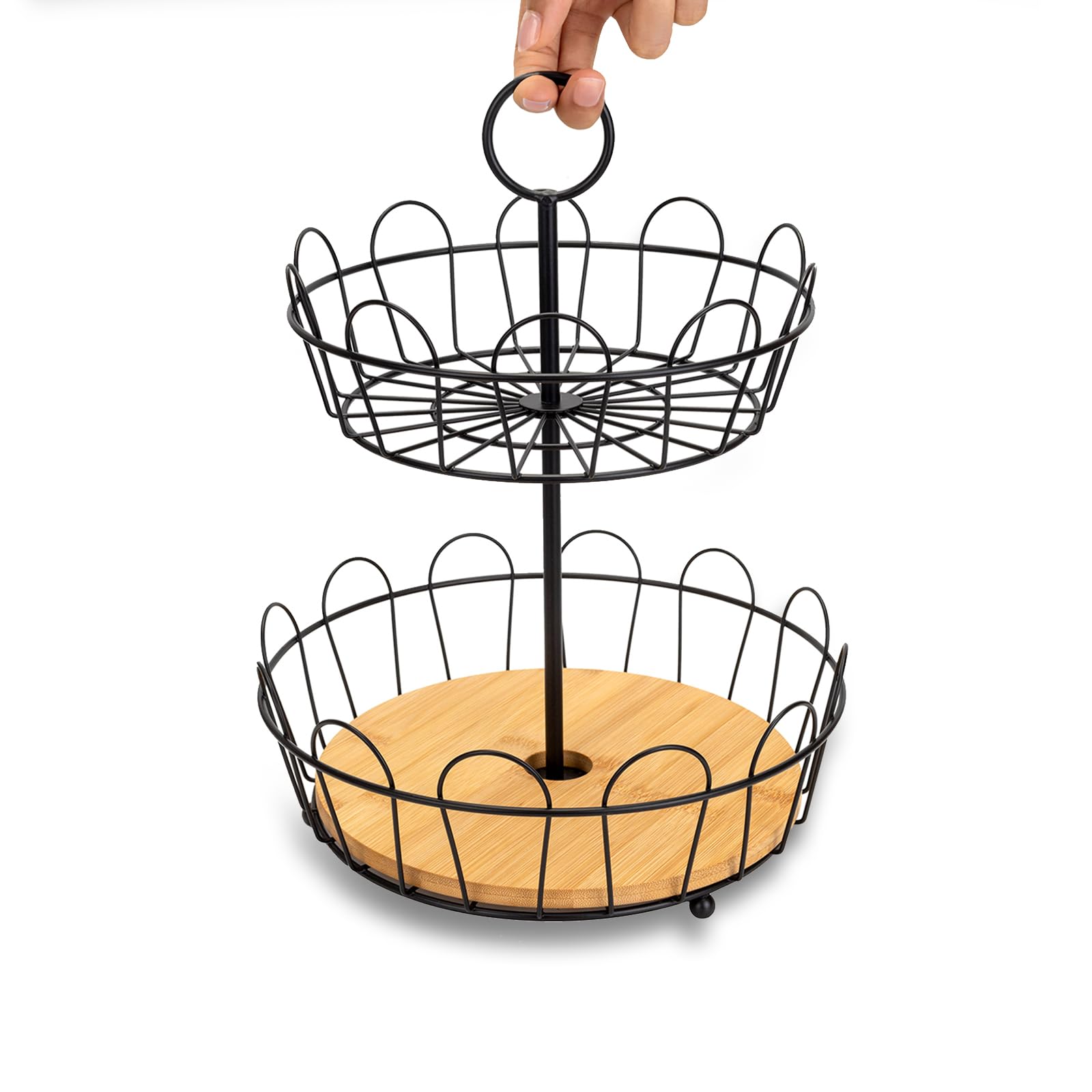 2-Tier Farmhouse Fruit Basket Stand, Wire Fruit Vegetables Countertop Storage Rack, Multifunctional Detachable Bread Snack Holder Bowl for Kitchen and Bathroom Organization - Black