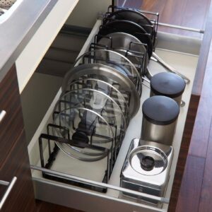 YAMAZAKI Home Tower Under Sink Pot Lids And Frying Pan Storage Kitchen Drawer Organizer Rack - Steel