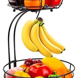 VANDHOME 2-Tier Countertop Fruit Vegetables Baske Iron With Banana Hanger, Metal Wire Vegetable Produce Storage Baskets for Kitchen, Fruits Stand Holder Organizer for Bread Snack Veggies, Black