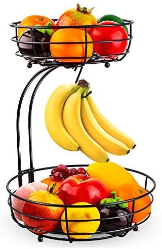 VANDHOME 2-Tier Countertop Fruit Vegetables Baske Iron With Banana Hanger, Metal Wire Vegetable Produce Storage Baskets for Kitchen, Fruits Stand Holder Organizer for Bread Snack Veggies, Black