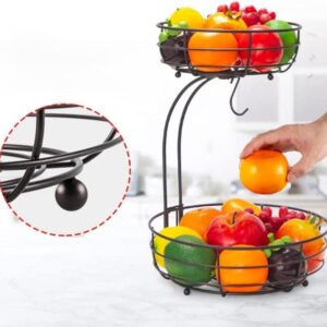 VANDHOME 2-Tier Countertop Fruit Vegetables Baske Iron With Banana Hanger, Metal Wire Vegetable Produce Storage Baskets for Kitchen, Fruits Stand Holder Organizer for Bread Snack Veggies, Black