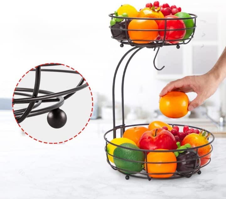 VANDHOME 2-Tier Countertop Fruit Vegetables Baske Iron With Banana Hanger, Metal Wire Vegetable Produce Storage Baskets for Kitchen, Fruits Stand Holder Organizer for Bread Snack Veggies, Black