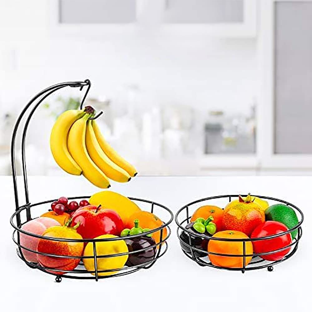 VANDHOME 2-Tier Countertop Fruit Vegetables Baske Iron With Banana Hanger, Metal Wire Vegetable Produce Storage Baskets for Kitchen, Fruits Stand Holder Organizer for Bread Snack Veggies, Black