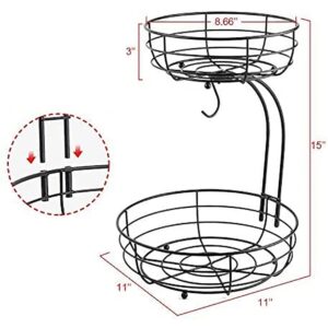 VANDHOME 2-Tier Countertop Fruit Vegetables Baske Iron With Banana Hanger, Metal Wire Vegetable Produce Storage Baskets for Kitchen, Fruits Stand Holder Organizer for Bread Snack Veggies, Black