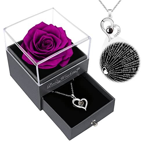 Childom Preserved Flower Birthday Gifts For Women,Purple Rose Flowers Mothers Day Rose Gifts for Mom,Valentines Gifts for Her,Fresh Real Rose Flower With Necklace I Love You Gifts For Mom,Wife,Grandma