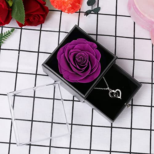 Childom Preserved Flower Birthday Gifts For Women,Purple Rose Flowers Mothers Day Rose Gifts for Mom,Valentines Gifts for Her,Fresh Real Rose Flower With Necklace I Love You Gifts For Mom,Wife,Grandma