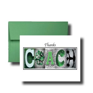 personalized cheerleading green coach thank you card, 5"x 7" flat card, greeting cards