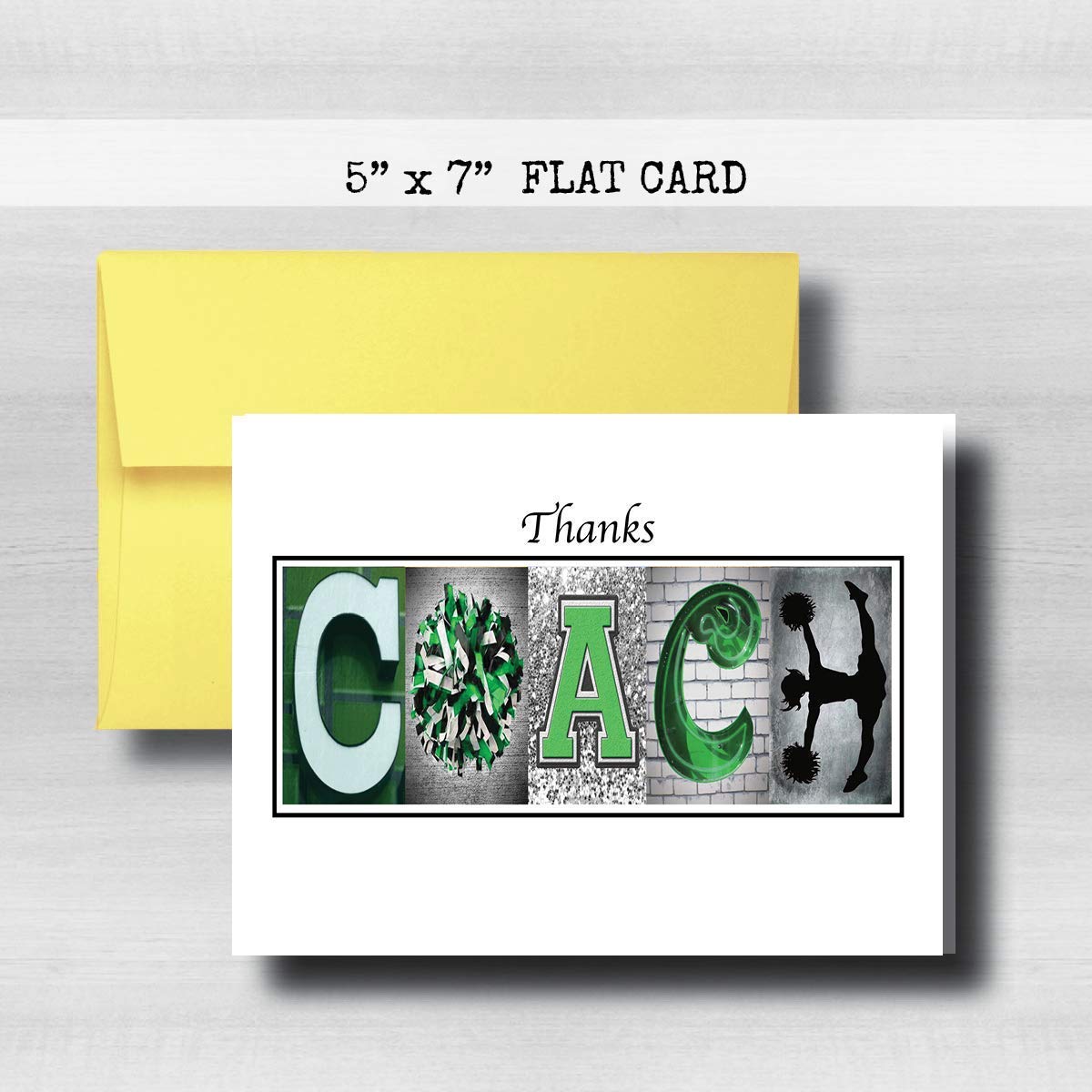 Personalized Cheerleading Green Coach Thank You Card, 5"x 7" FLAT CARD, Greeting Cards