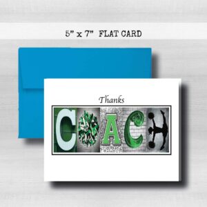 Personalized Cheerleading Green Coach Thank You Card, 5"x 7" FLAT CARD, Greeting Cards