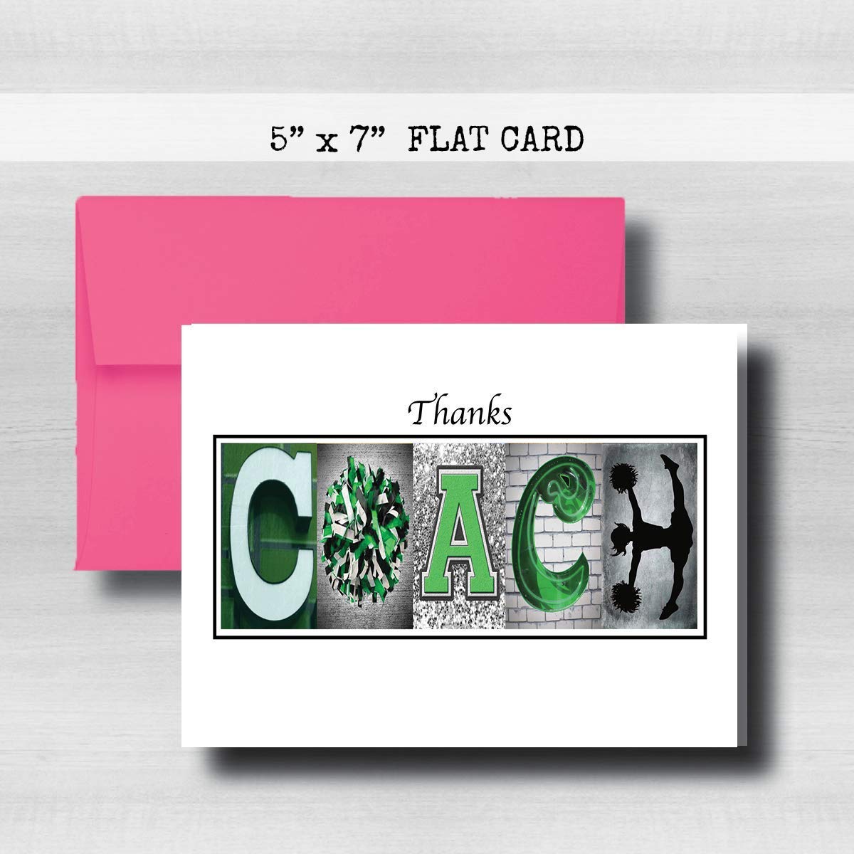 Personalized Cheerleading Green Coach Thank You Card, 5"x 7" FLAT CARD, Greeting Cards