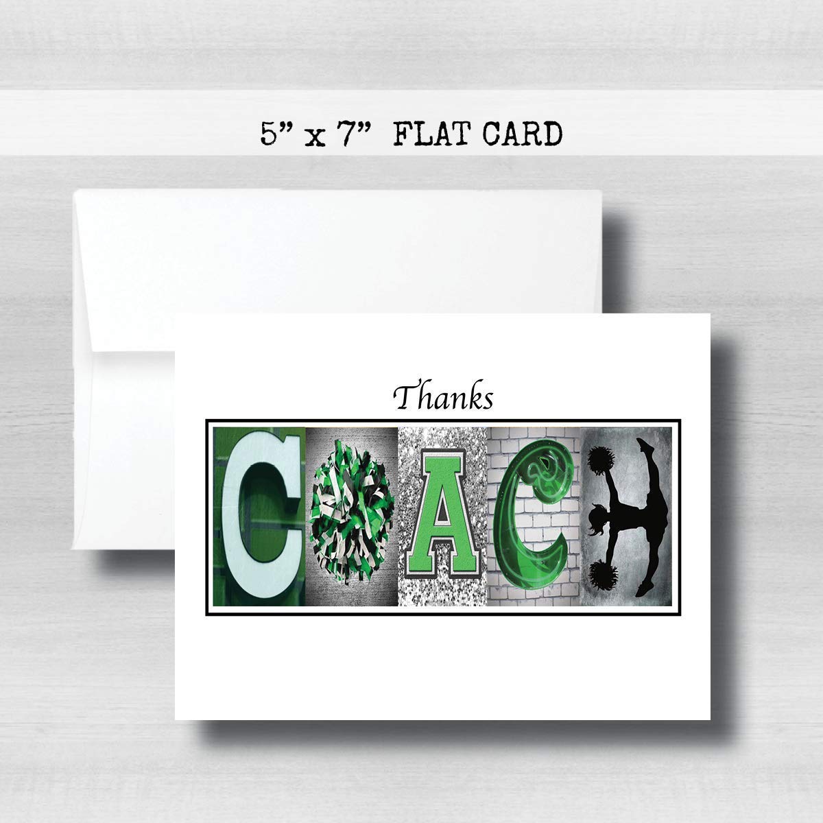 Personalized Cheerleading Green Coach Thank You Card, 5"x 7" FLAT CARD, Greeting Cards