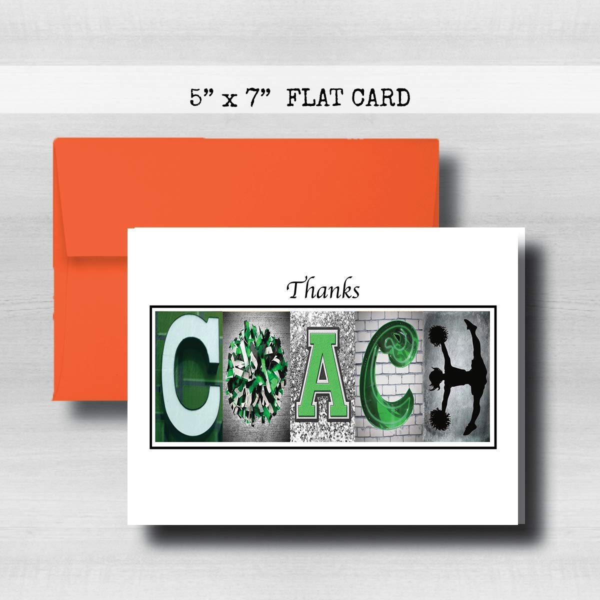 Personalized Cheerleading Green Coach Thank You Card, 5"x 7" FLAT CARD, Greeting Cards