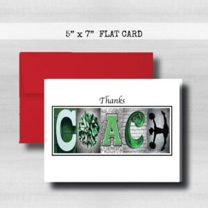 Personalized Cheerleading Green Coach Thank You Card, 5"x 7" FLAT CARD, Greeting Cards