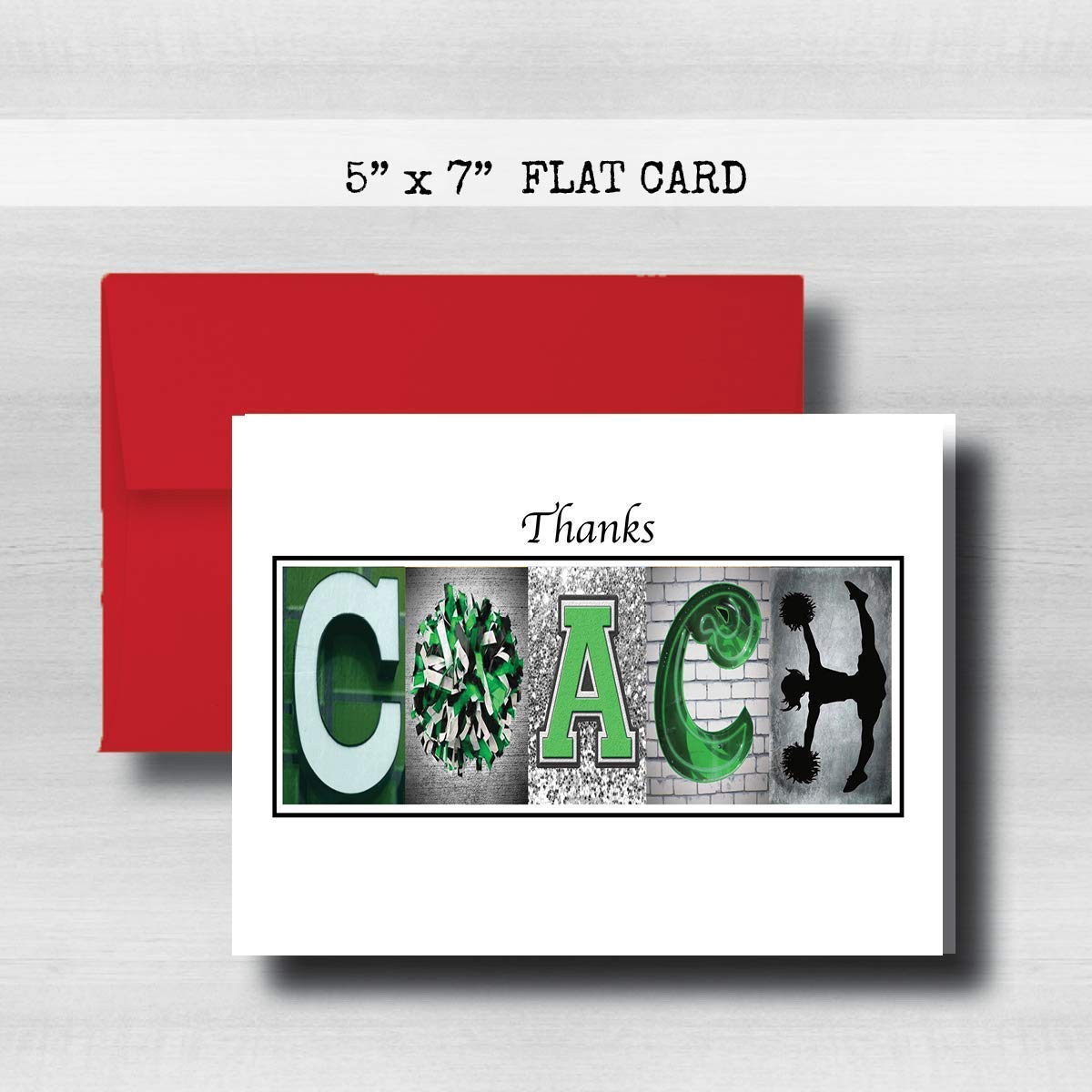 Personalized Cheerleading Green Coach Thank You Card, 5"x 7" FLAT CARD, Greeting Cards