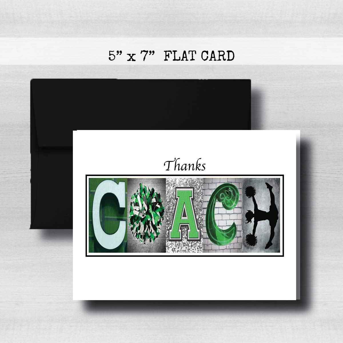 Personalized Cheerleading Green Coach Thank You Card, 5"x 7" FLAT CARD, Greeting Cards