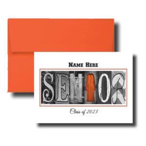 personalized senior class of 2023, 2024, graduation cards, 5"x7" flat or folded card choice envelope color,custom graduation, elegant, letter art, scroll, school color, college (orange)