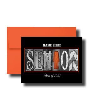 senior class of 2023, 2024, graduation cards, 5"x7" flat or folded card choice envelope color,custom graduation, elegant, letter art, scroll, school color, college (orange)