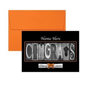 personalized congrats class of 2023, 2024, graduation cards, 5"x7" flat or folded card choice envelope color,custom grad, elegant, letter art, scroll, school color, college (orange)