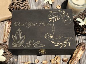 own your power box, 8.5 x 6 x 3 in, crystal box, engraved box, wooden box, crystal mystery box, crystal gift box, keepsake box, treasure box, astrology gifts, tarot card box, storage box, witch box