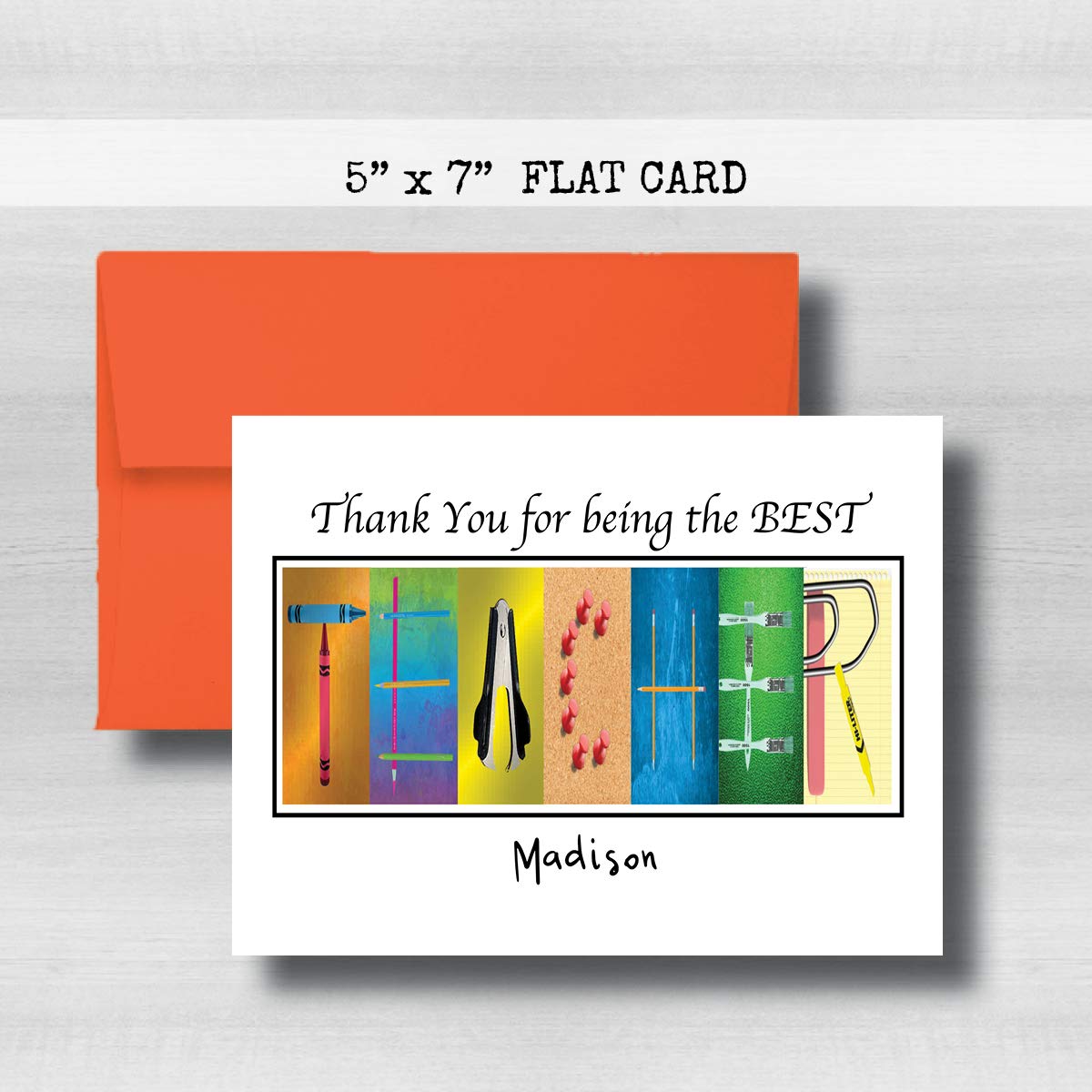 Teacher Appreciation Card, 5" x 7" FLAT CARD, Personalized with child's name