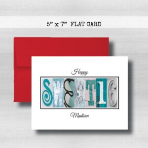 Sweet 16 Birthday Card, 5" x 7" FLAT CARD, Teal Blue White Milestone Greeting Cards