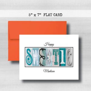 Sweet 16 Birthday Card, 5" x 7" FLAT CARD, Teal Blue White Milestone Greeting Cards