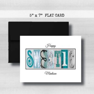 Sweet 16 Birthday Card, 5" x 7" FLAT CARD, Teal Blue White Milestone Greeting Cards