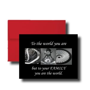 motorcycle fathers day card, to the world you are dad, but to your family you are the world, 5" x 7" flat card-back side is blank, daddy 9 color choices for envelope, biker dad, letter art