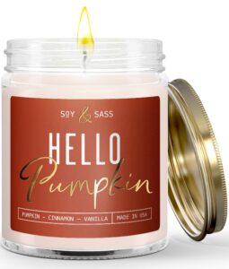 fall candles, pumpkin candle - 'hello pumpkin' soy pumpkin spice candle i infused with essential oils i fall candle decor, fall scented candle i 9oz reusable jar i 50 hour burn i made in usa