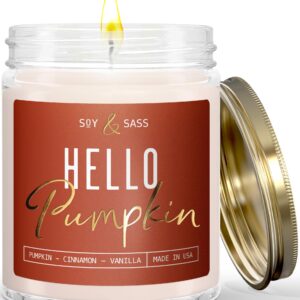 Fall Candles, Pumpkin Candle - 'Hello Pumpkin' Soy Pumpkin Spice Candle I Infused with Essential Oils I Fall Candle Decor, Fall Scented Candle I 9oz Reusable Jar I 50 Hour Burn I Made in USA