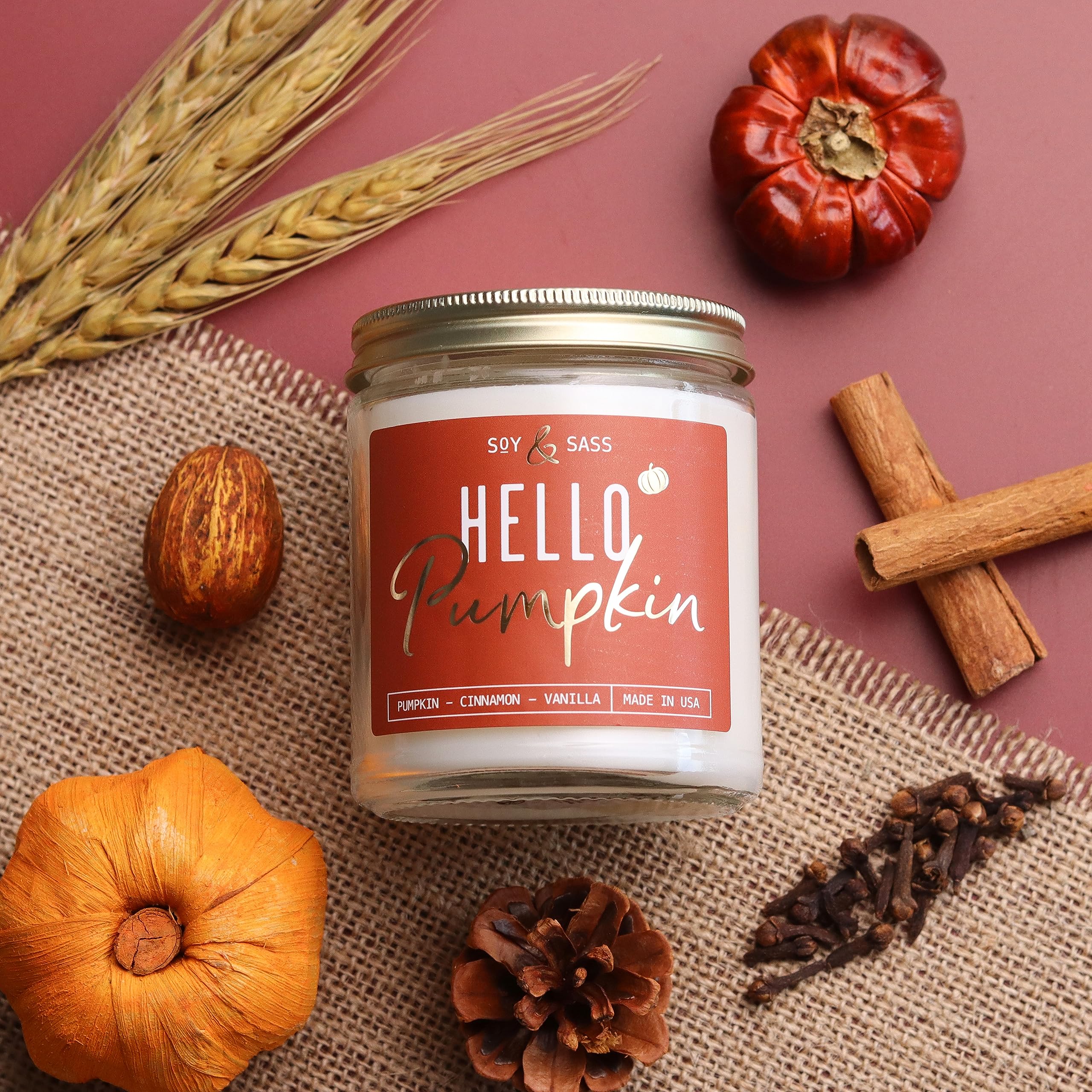 Fall Candles, Pumpkin Candle - 'Hello Pumpkin' Soy Pumpkin Spice Candle I Infused with Essential Oils I Fall Candle Decor, Fall Scented Candle I 9oz Reusable Jar I 50 Hour Burn I Made in USA