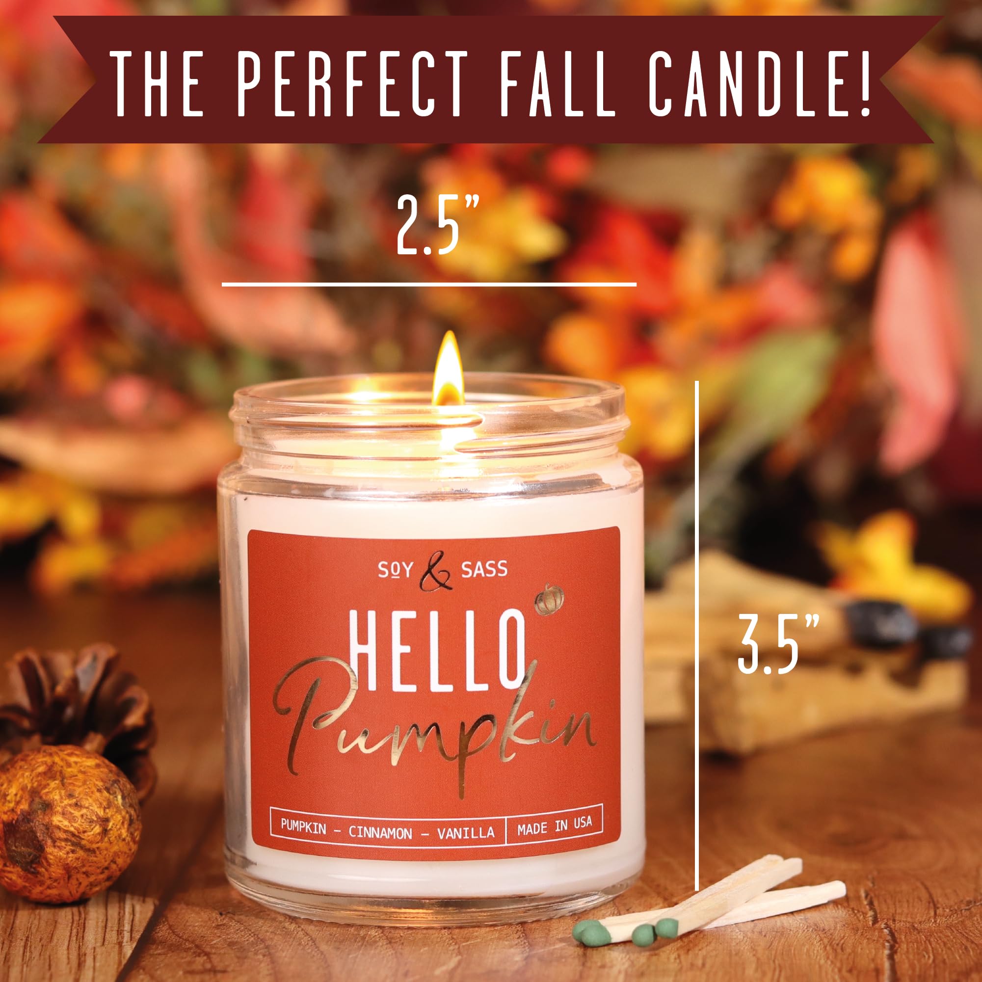 Fall Candles, Pumpkin Candle - 'Hello Pumpkin' Soy Pumpkin Spice Candle I Infused with Essential Oils I Fall Candle Decor, Fall Scented Candle I 9oz Reusable Jar I 50 Hour Burn I Made in USA