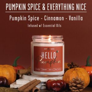 Fall Candles, Pumpkin Candle - 'Hello Pumpkin' Soy Pumpkin Spice Candle I Infused with Essential Oils I Fall Candle Decor, Fall Scented Candle I 9oz Reusable Jar I 50 Hour Burn I Made in USA