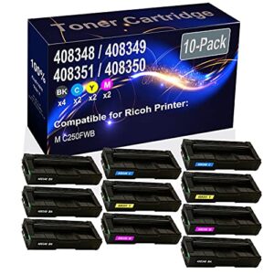 kolasels 10-pack (4bk+2c+2y+2m) compatible m c250fwb laser toner cartridge (high capacity) replacement for ricoh m c250 (408348 408349 408351 408350) printer toner cartridge