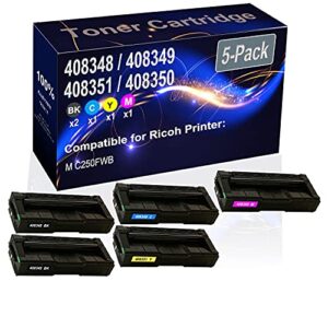 kolasels 5-pack (2bk+c+y+m) compatible high yield m c250 (408348 408349 408351 408350) printer toner cartridge use for ricoh m c250fwb printers