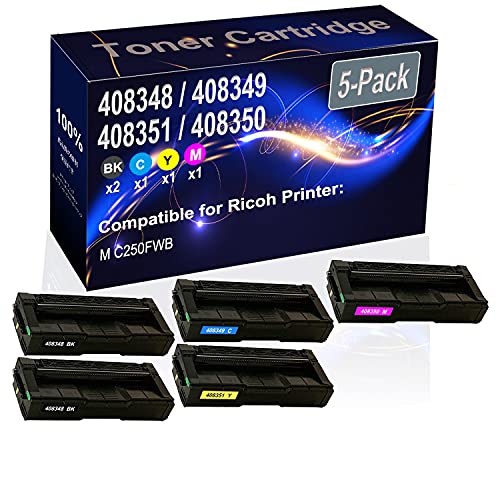 Kolasels 5-Pack (2BK+C+Y+M) Compatible High Yield M C250 (408348 408349 408351 408350) Printer Toner Cartridge use for Ricoh M C250FWB Printers