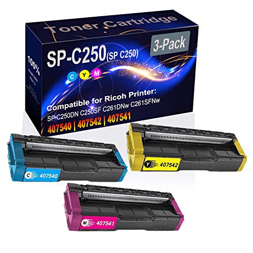 Kolasels 3-Pack (C+Y+M) Compatible High Yield SP-C250 SP C250 (407540 407542 407541) Printer Toner Cartridge use for Ricoh SP C250DN C250SF C261DNw C261SFNw Printers