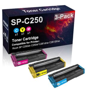 3-pack (c+y+m) compatible high capacity sp c250 (407540 407542 407541) laser printer cartridge used for ricoh sp c250dn c250sf printer