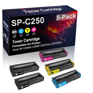 5-pack (2bk+c+y+m) compatible high capacity sp c250 (407539 407540 407542 407541) laser printer cartridge used for ricoh sp c250dn c250sf printer