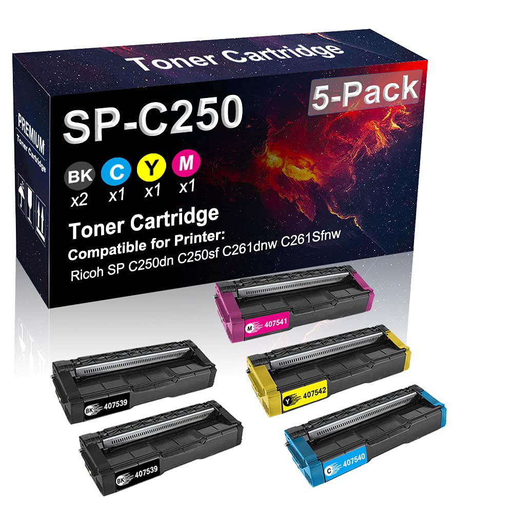 5-Pack (2BK+C+Y+M) Compatible High Capacity SP C250 (407539 407540 407542 407541) Laser Printer Cartridge Used for Ricoh SP C250dn C250sf Printer