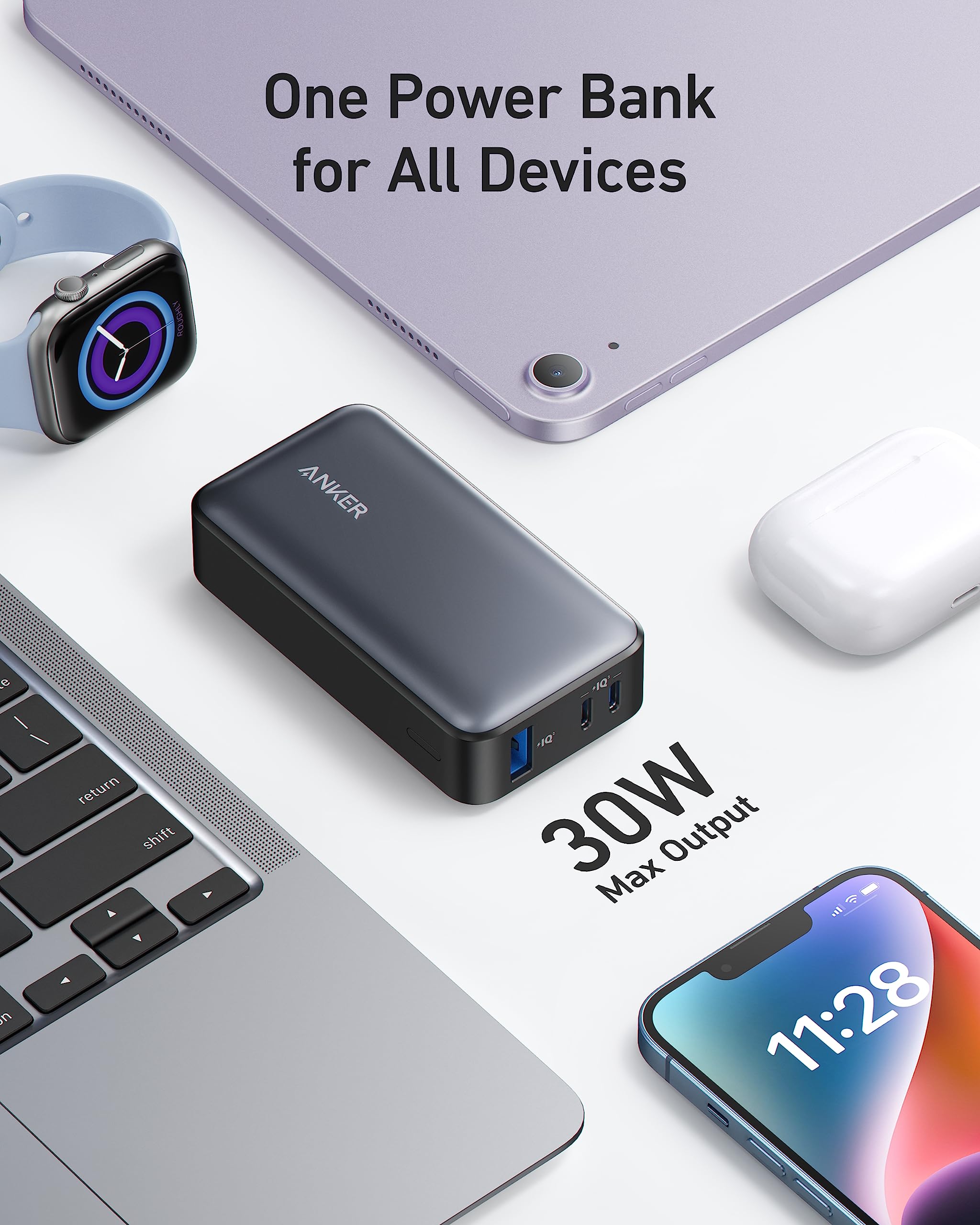 Anker Power Bank, Power IQ 3.0 Portable Charger with PD 30W Max Output (PowerCore 30W), 10,000mAh Battery Pack for iPhone 15/15 Plus/15 Pro/15 Pro Max, MacBook, Dell, Microsoft Surface, and More