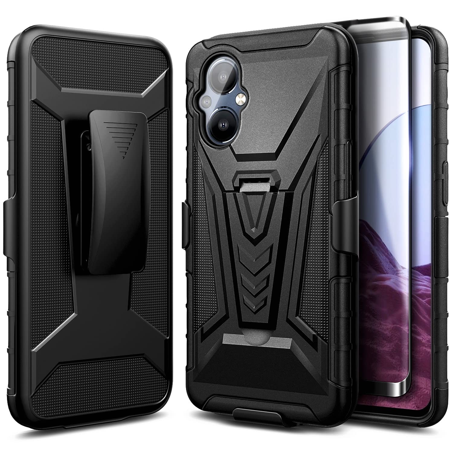 NZND Case for OnePlus Nord N20 5G with Tempered Glass Screen Protector (Maximum Coverage), Belt Clip Holster with Built-in Kickstand, Heavy Duty Protective Shockproof Armor Defender Case (Black)