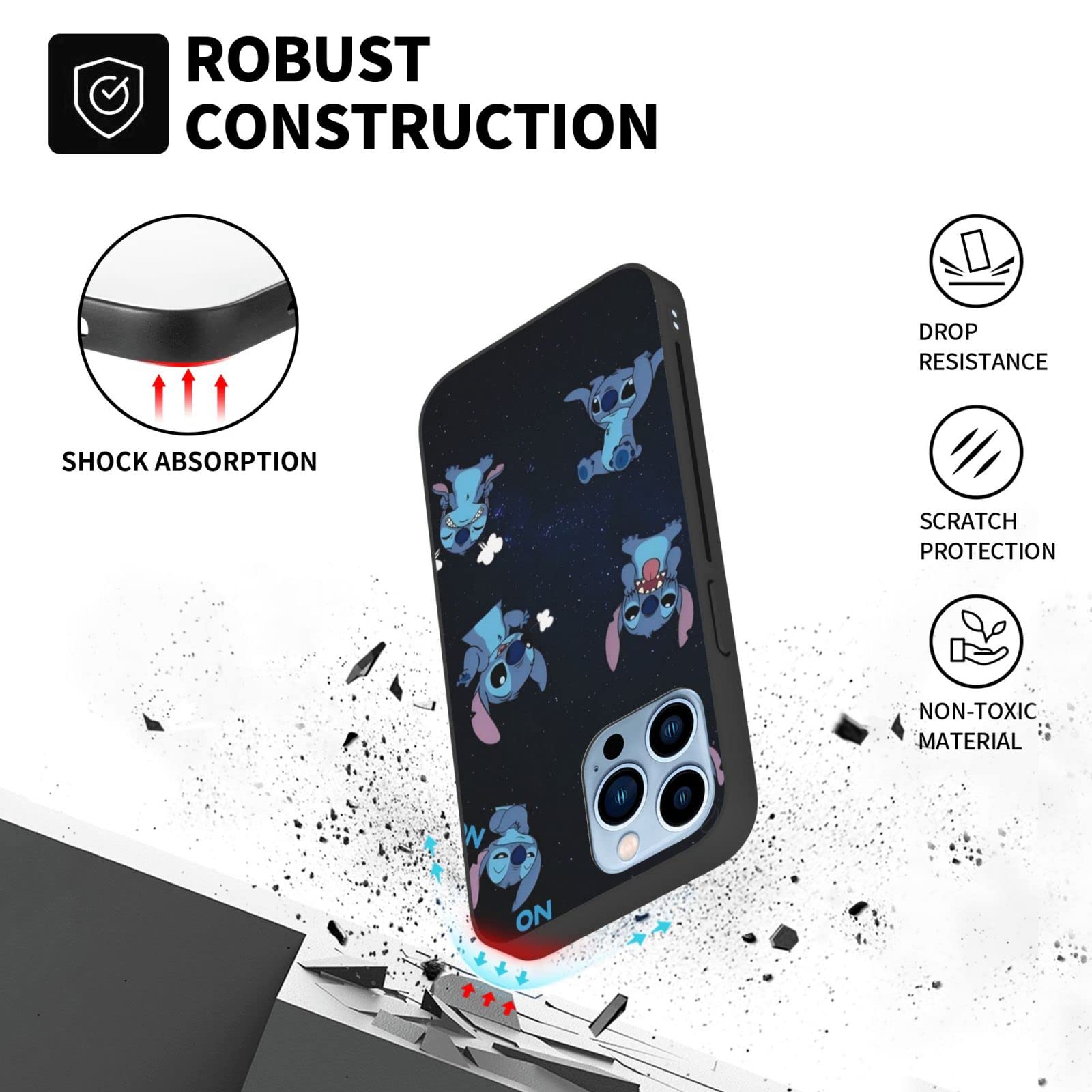 LARUZE for OnePlus Nord N20 5G, Cartoon Ohana Blue Animal Stih #08 Protective Smooth Silicone Shockproof Soft TPU Black Phone Case Back Cover