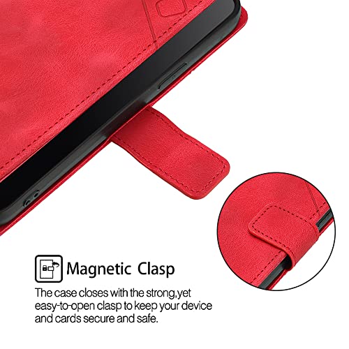 ONV Wallet Case for OnePlus Nord N20 5G - Solid Color Skin Flip Phone Case with Wrist Strap Card Holder Magnet Leather Shell Flip Stand Cover for Oppo Reno 7Z 5G / A96 5G / Reno 8 Lite 5G [005] -Red