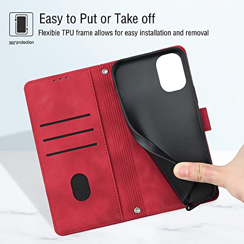 ONV Wallet Case for OnePlus Nord N20 5G - Solid Color Skin Flip Phone Case with Wrist Strap Card Holder Magnet Leather Shell Flip Stand Cover for Oppo Reno 7Z 5G / A96 5G / Reno 8 Lite 5G [005] -Red